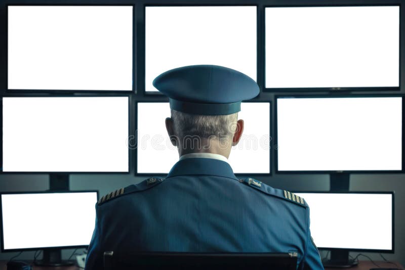 A Uniformed Security Guard Monitors Multiple Screens from a Desk Stock ...
