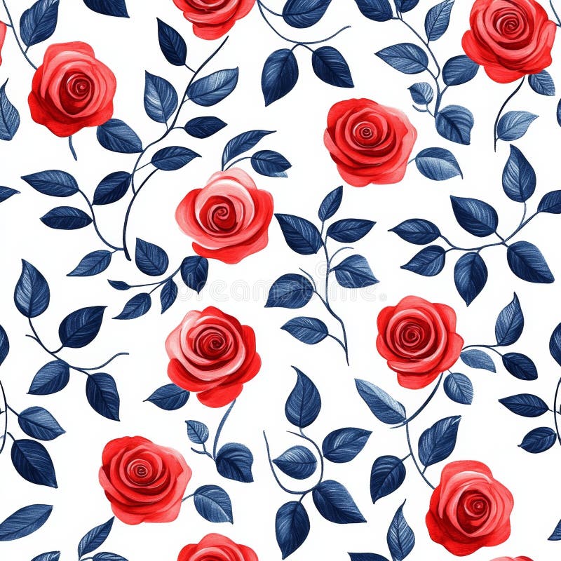 An Uninterrupted Pattern of Red Roses and Blue Leaves on a White Base ...