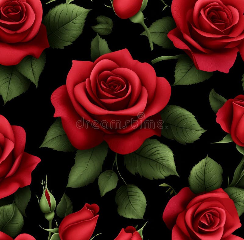 An Uninterrupted Pattern of Red Roses Set on a Black Base Stock Photo ...