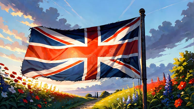 The Union Jack Flag Flies in the Middle of a Flower Meadow Stock ...