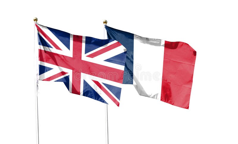 Union Jack and French Flag on Cloudy Sky. Waving in the Sky Stock ...