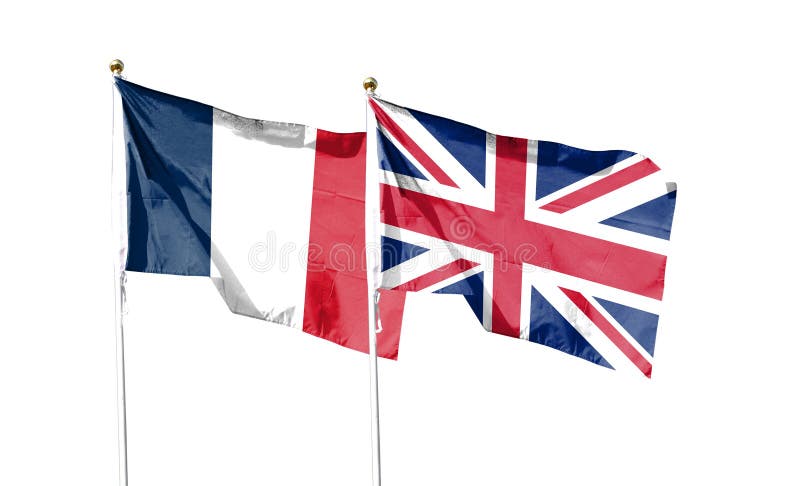 Union Jack and French Flag on Cloudy Sky. Waving in the Sky Stock ...