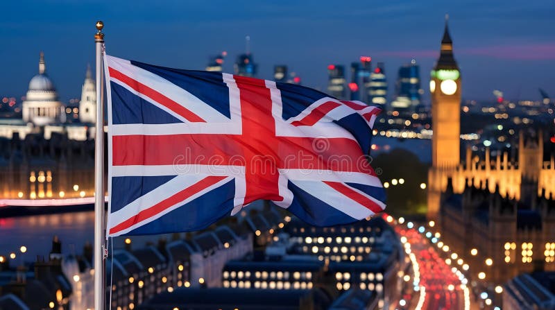 Union Jack , London Skyline at Dusk Backdrop, City Lights Creating ...