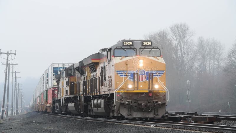 Union Pacific Container Train in the Mist Approaching Stock Footage ...