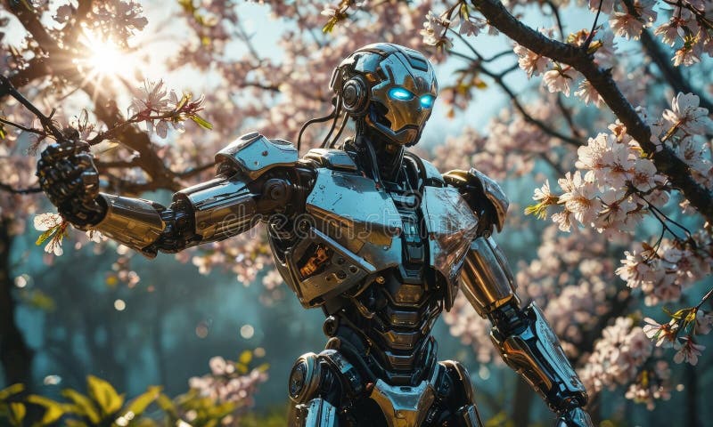 Robot Standing in Front Tree with Flowers Stock Illustration ...