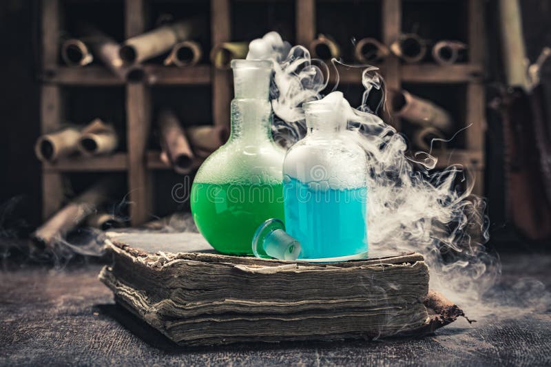 Unique Alchemist Laboratory Full of Ancient Scrolls and Chemical Flask ...