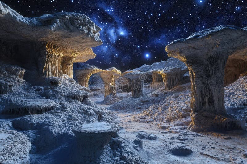 Unique Alien Landscape with Rock Formations Under a Starry Sky at Night ...