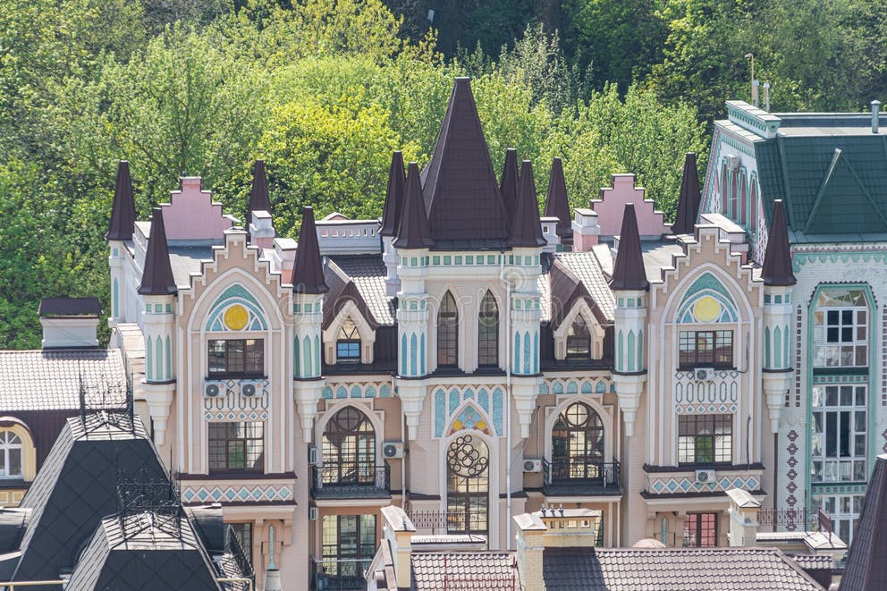 A Unique Architectural Structure Featuring Gothic Elements, Multiple ...