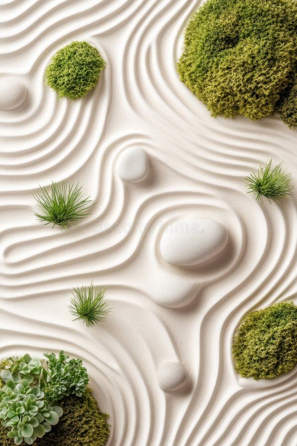 Unique Arrangement of Sand Patterns with Smooth Stones and Lush ...