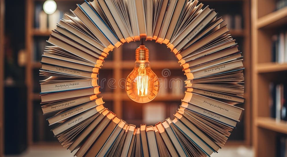 A Unique Art Installation Featuring a Circle of Open Books Surrounding a Glowing Lightbulb in a ...