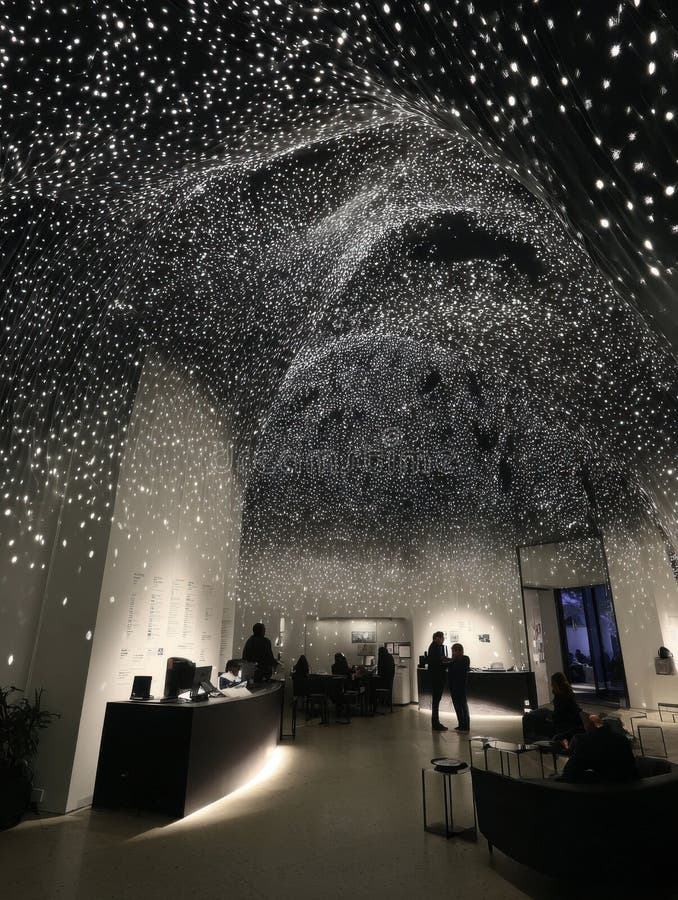 Unique Art Installation Featuring Dazzling Lights Illuminating a Modern Gallery Space during an ...