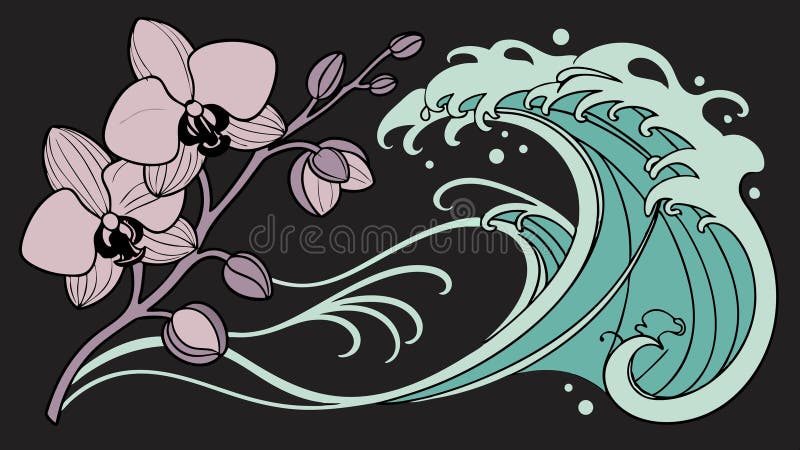 Dynamic Illustration of an Ocean Wave with Flowers or Orchids Vector ...