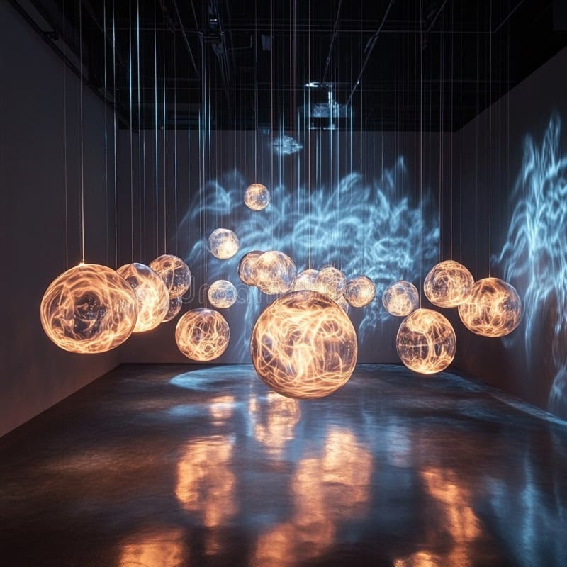 Unique Artistic Installation with Floating Spheres Emitting Light and ...