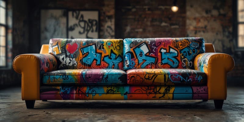 A Unique and Artistic Sofa with Graffiti Design. Stock Image - Image of ...
