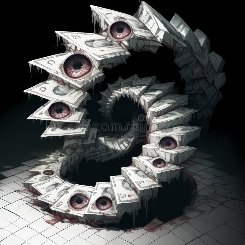Complex Sculpture with Abstract Design of Paper Money and Giant Eyes ...