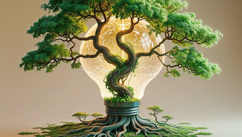 A Unique Artwork Showcases a Lush Green Tree Emerging from a Light Bulb ...
