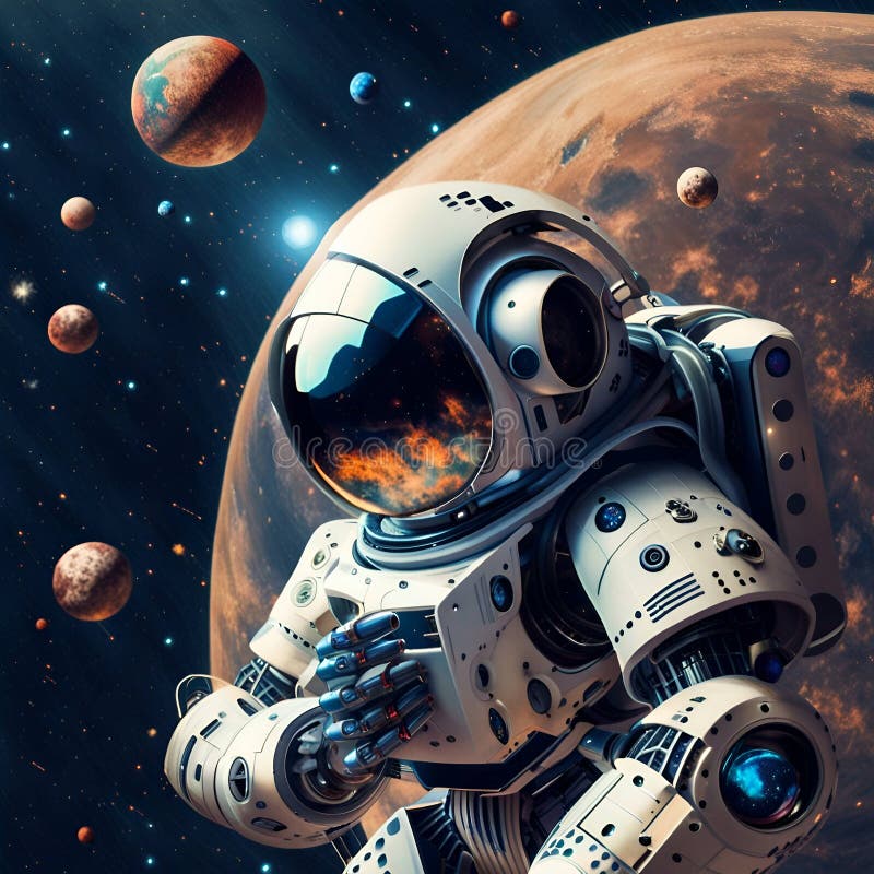 Astronaut Robot Illustration Background in Outer Space Moon Stock ...