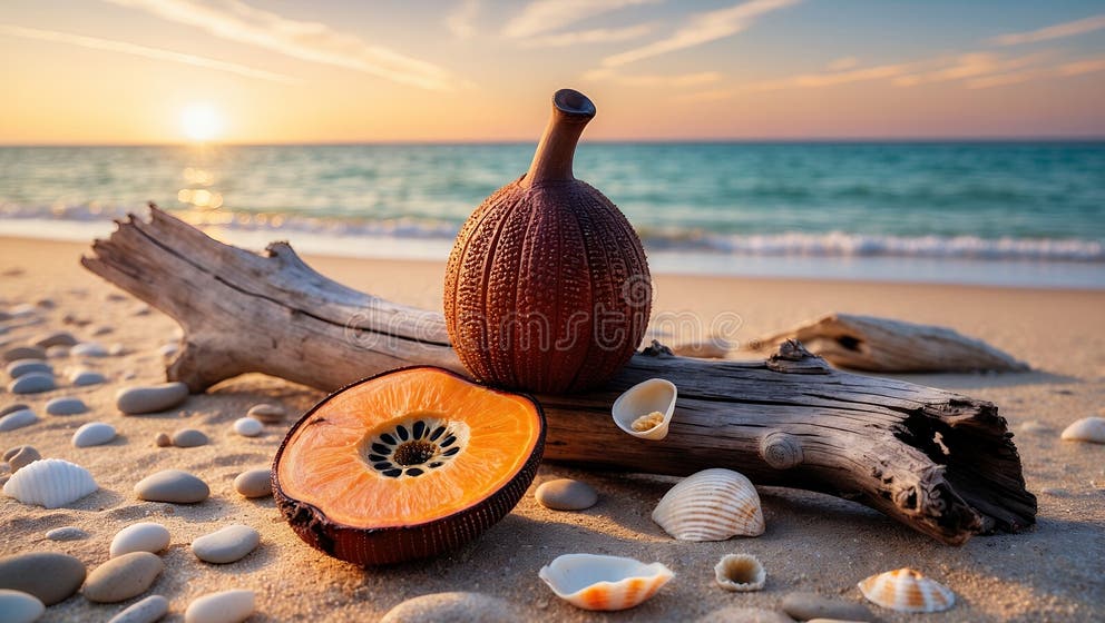 Serene Sunset Beach Still Life with Exotic Fruit and Seashells Stock ...