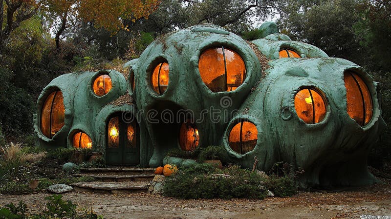 Unique, Biomorphic House with Many Round Windows and Textured Exterior ...