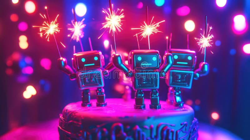 Futuristic Birthday Cake with Robot Candles and Sparklers in Vibrant ...