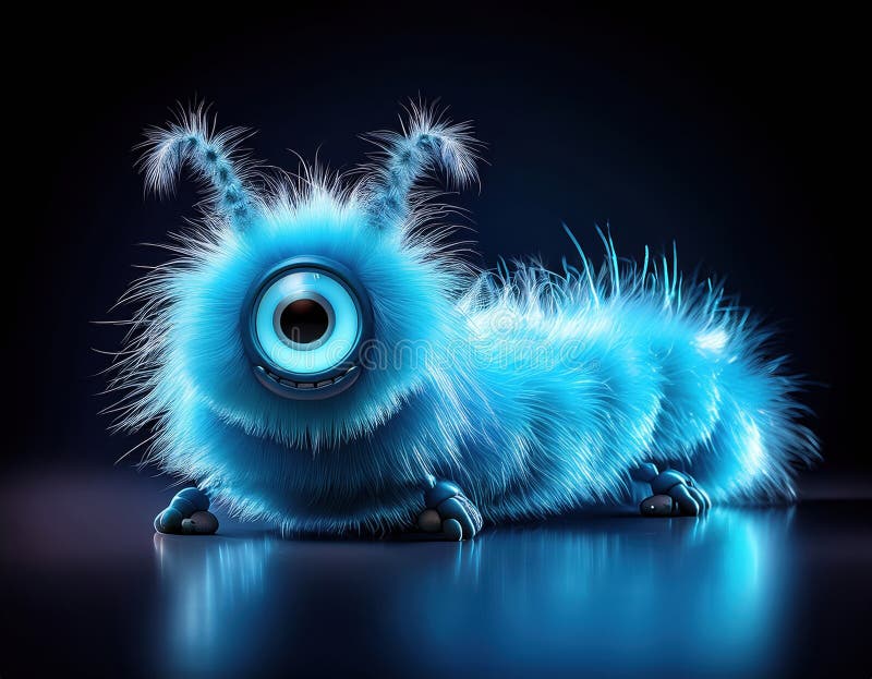 Bright Blue Fuzzy Caterpillar with a Single Eye Poses in Dim Light ...