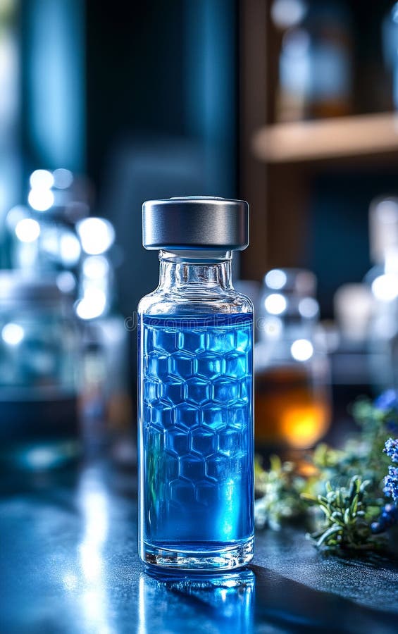 Unique Blue Liquid in a Glass Bottle on a Table Stock Image - Image of ...