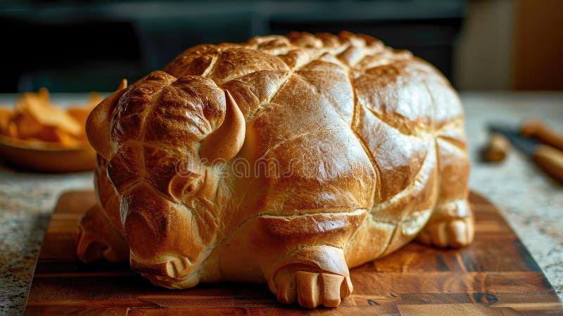 Unique Bread Loaf Resembling an Bison Resting on a Wooden Table, Ai ...