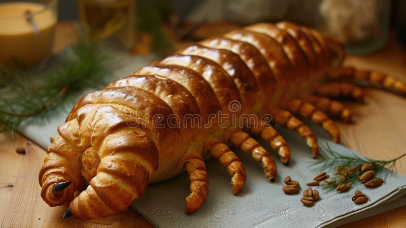 Unique Bread Loaf Resembling an Centipede Resting on a Wooden Table, Ai ...