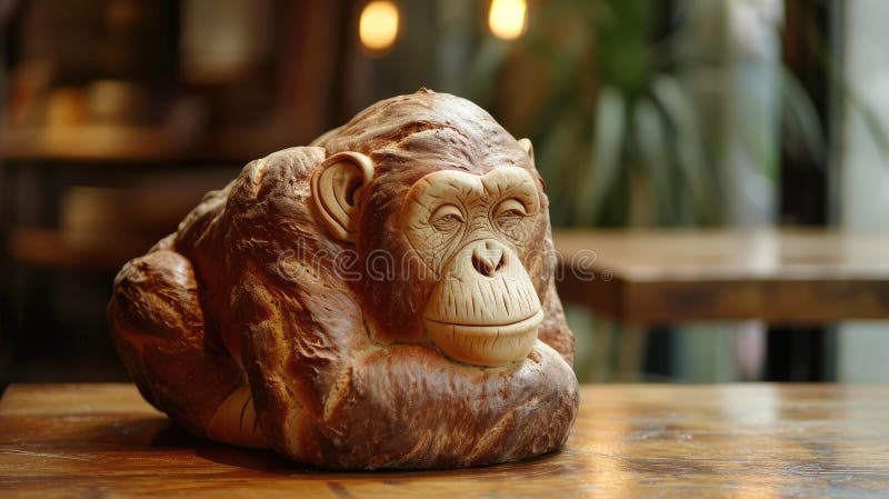 Unique Bread Loaf Resembling an Chimpanzee Resting on a Wooden Table ...
