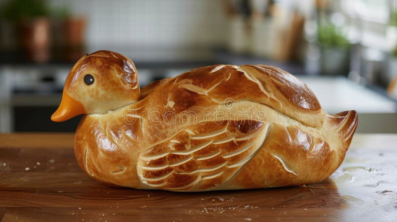 Unique Bread Loaf Resembling an Duck Resting on a Wooden Table, Ai ...