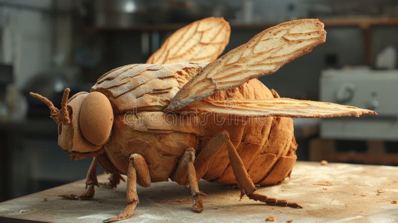 Unique Bread Loaf Resembling an Fly Resting on a Wooden Table, Ai ...