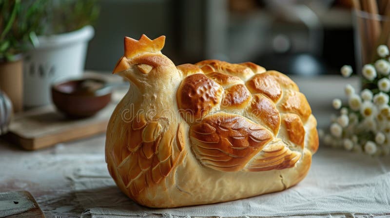 Unique Bread Loaf Resembling an Hen Resting on a Wooden Table, Ai ...