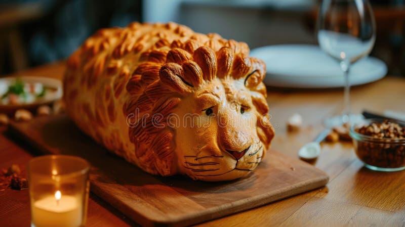 Unique Bread Loaf Resembling an Lion Resting on a Wooden Table, Ai ...