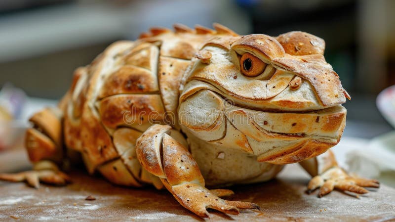 Unique Bread Loaf Resembling an Lizard Resting on a Wooden Table, Ai ...