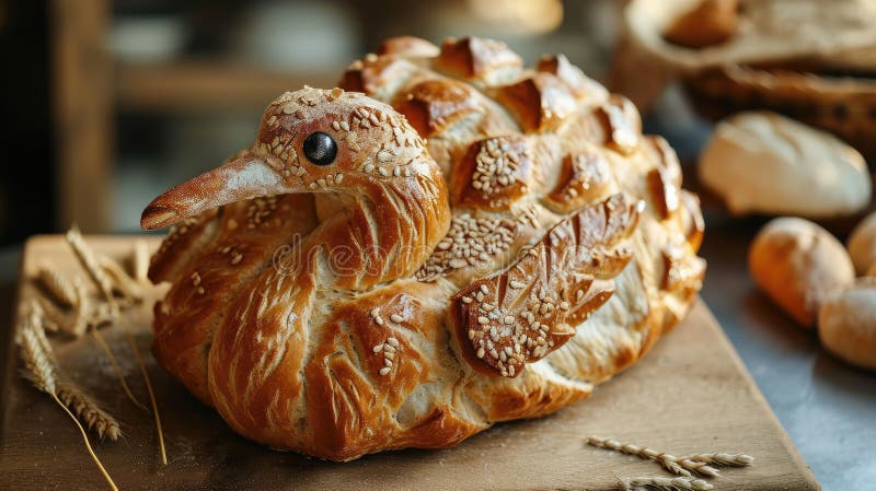 Unique Bread Loaf Resembling an Ostrich Resting on a Wooden Table, Ai ...