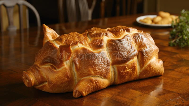 Unique Bread Loaf Resembling an Pig Resting on a Wooden Table, Ai ...