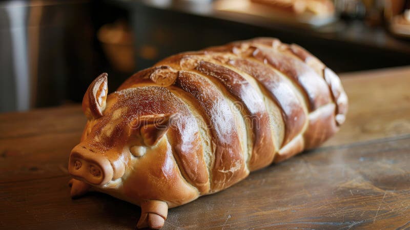 Unique Bread Loaf Resembling an Pig Resting on a Wooden Table, Ai ...