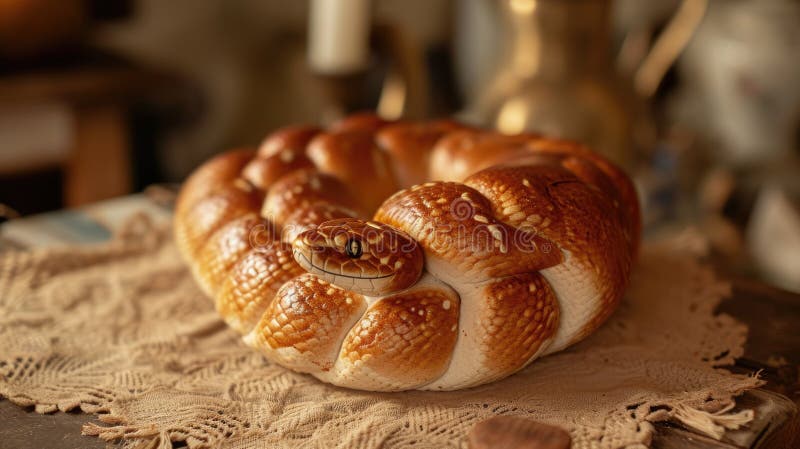 Unique Bread Loaf Resembling an Snake Resting on a Wooden Table, Ai ...