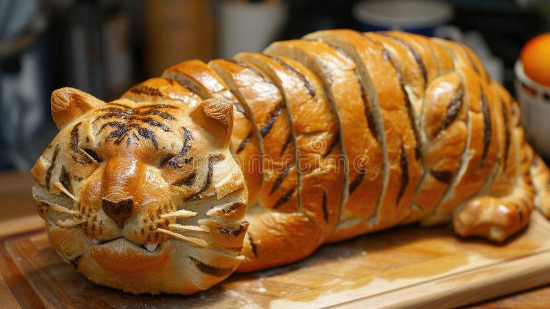 Unique Bread Loaf Resembling an Tiger Resting on a Wooden Table, Ai Generated Stock Illustration ...