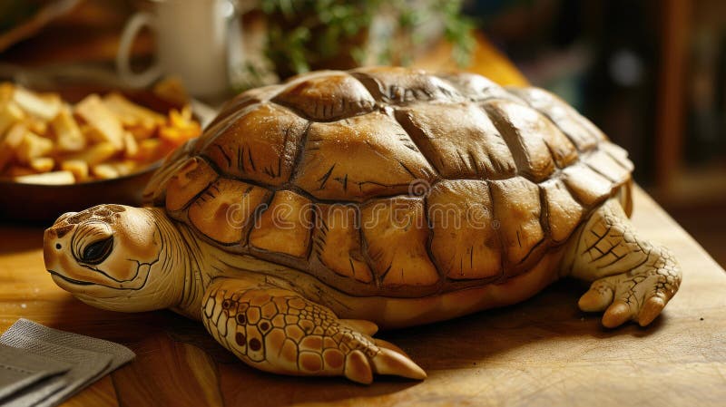 Unique Bread Loaf Resembling an Turtle Resting on a Wooden Table, Ai ...