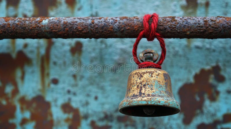 Unique Bronze Bell with Red Braided String on Textured Surface for ...