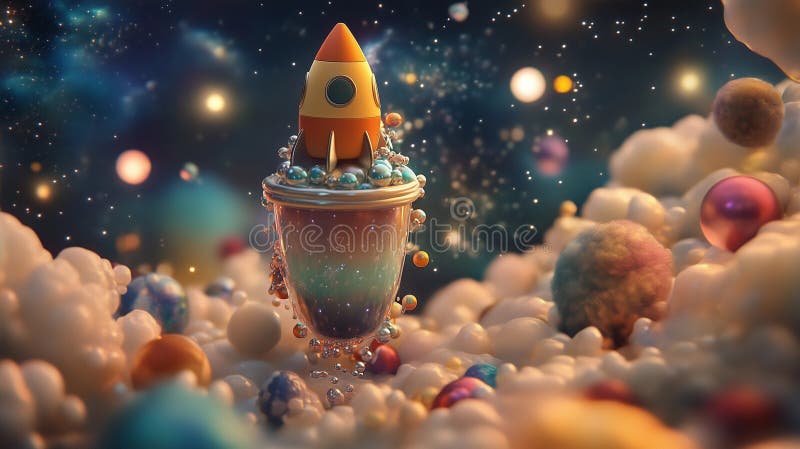 Unique Bubble Tea Cup Lifted by a Tiny Rocket Ship in a Whimsical ...