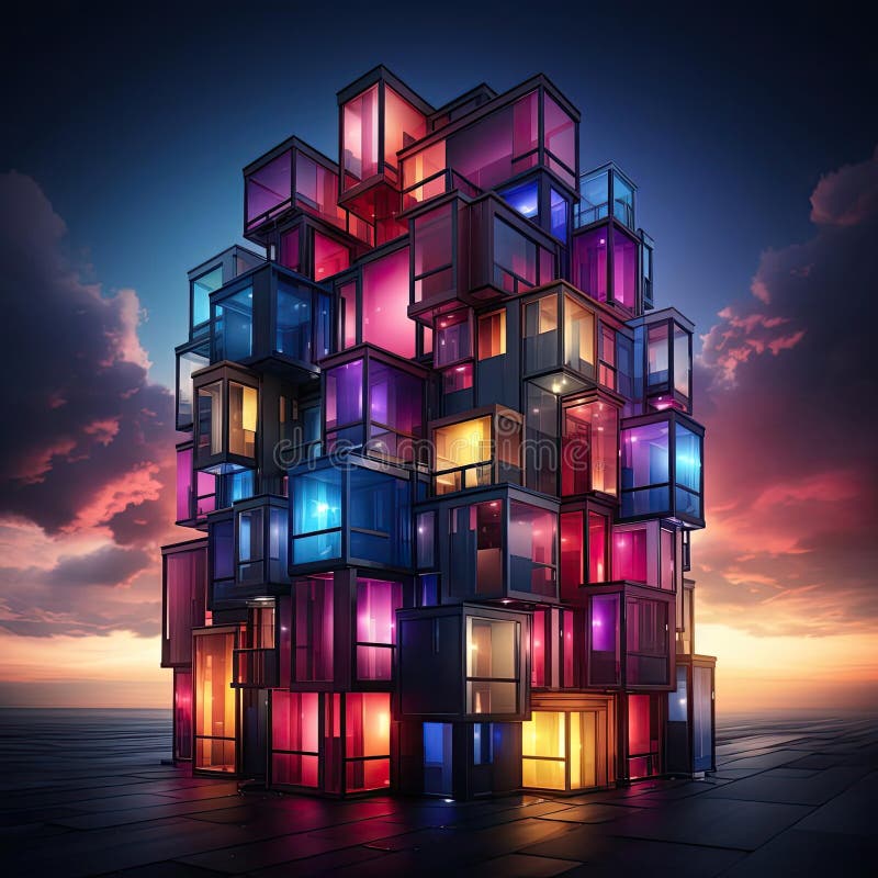 Unique Building with Colorful Cube Lights and Futuristic Design Stock ...