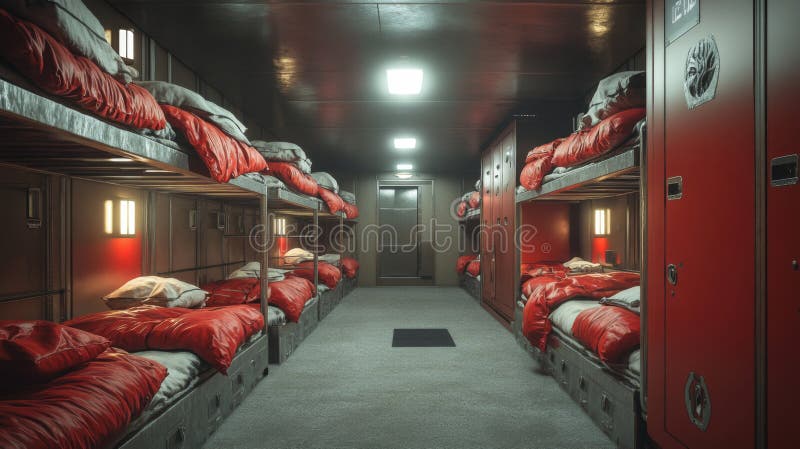 Unique Bunk Room with Red Bedding and Lockers in a Modern Communal ...