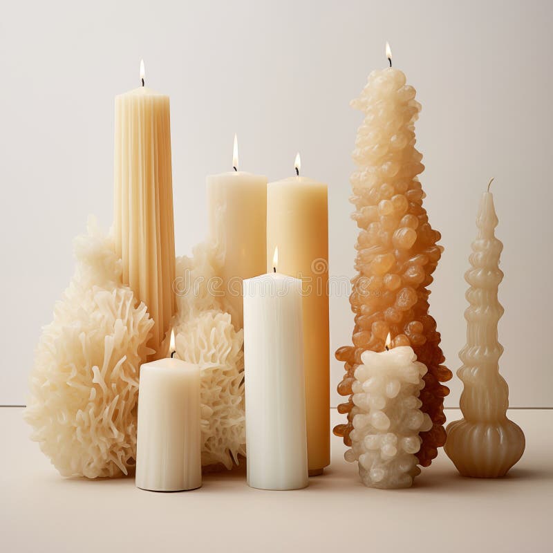 Unique Candles in Various Artistic Shapes and Textures Lit on a Neutral ...