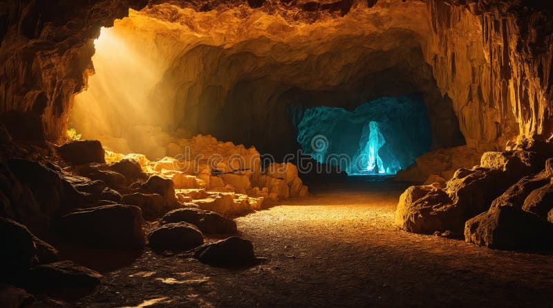 Unique Cave with Golden and Blue Light Streaks Illuminating Rock ...