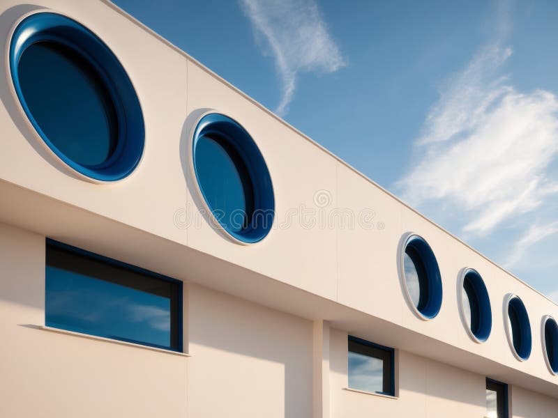 Unique Circular Blue Windows on Modern Building Exterior in Daylight ...