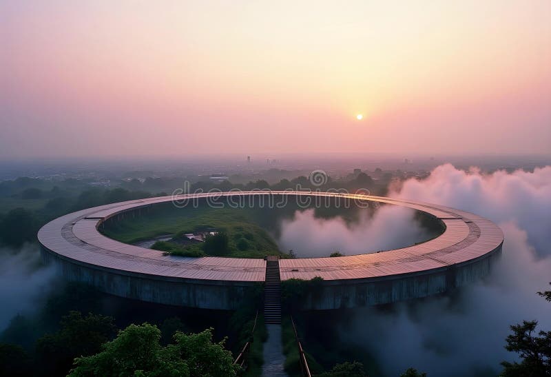 Unique Circular Structure Surrounded by Mist Under a Vibrant Sunset Sky ...