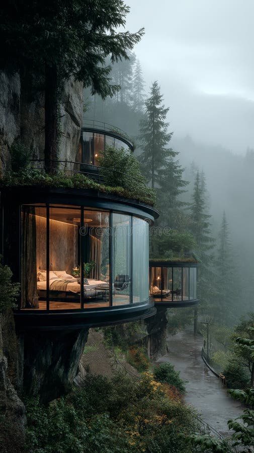 Unique Cliffside Accommodations in a Misty Forest during Early Morning ...