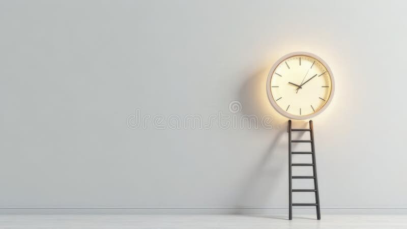 Unique Clock Design on a Ladder Against a Minimalist Wall, Symbolizing ...